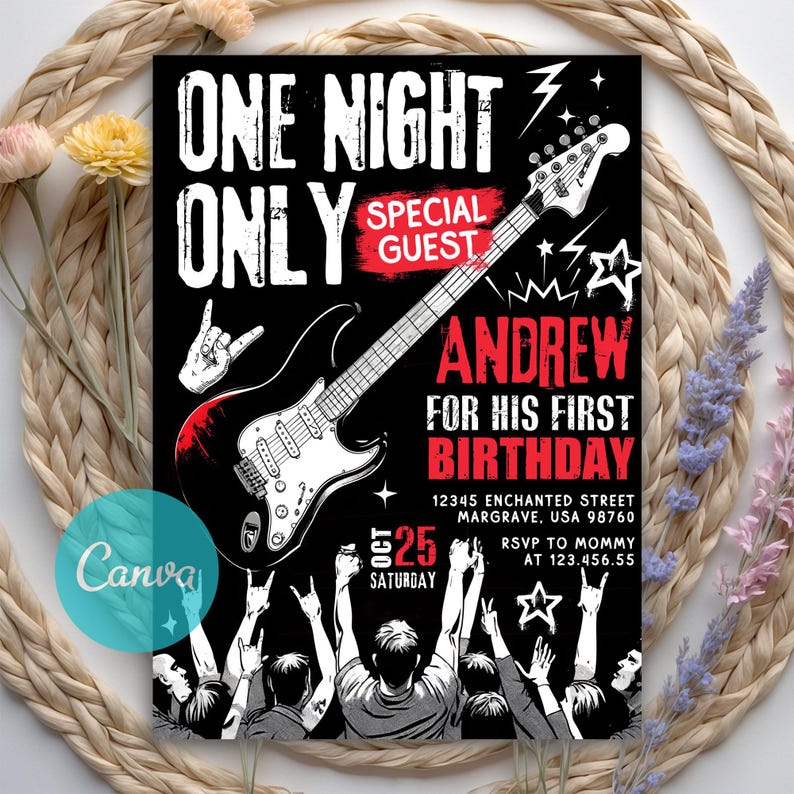Rock Star Guitar Birthday Invitation, Rock and Roll Invitation ...
