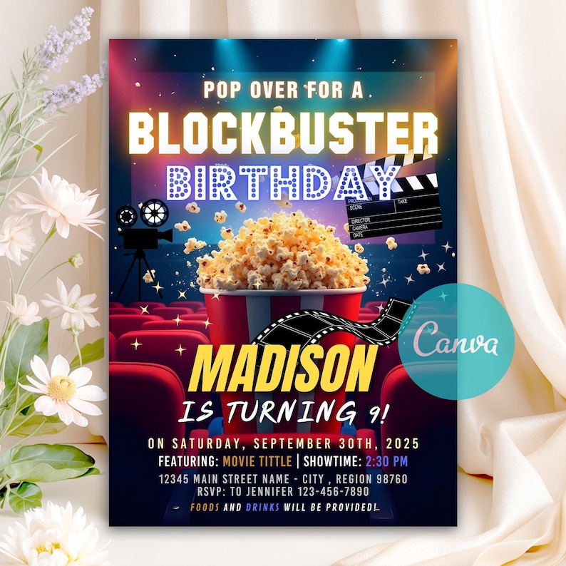 Editable Movie Birthday Invitation, Cinema Party, DIY Canva (digital ...