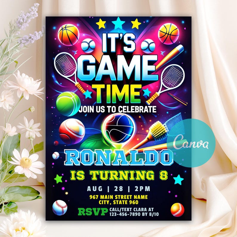 All Star Sports Birthday Invitation, Canva Template (digital Invitation ...