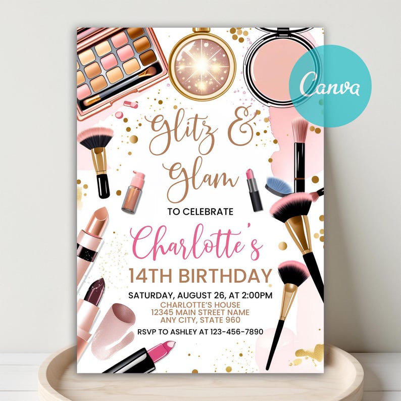 Glitz and Glam Birthday Invitation, Makeup Spa Party Invitation, Glitz ...
