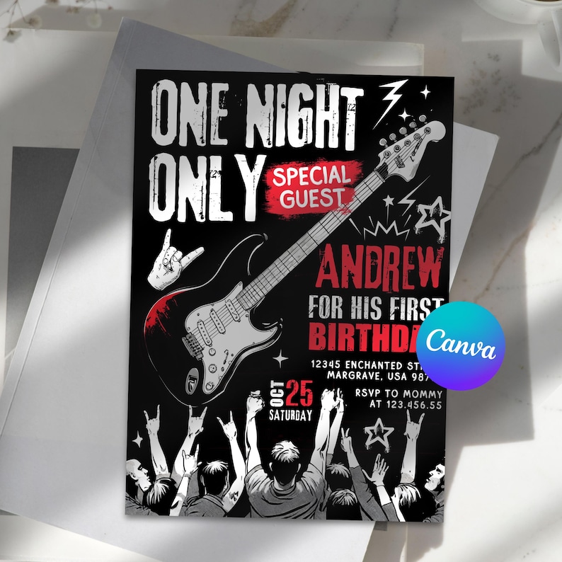 Rock Star Guitar Birthday Invitation, Rock and Roll Invitation ...