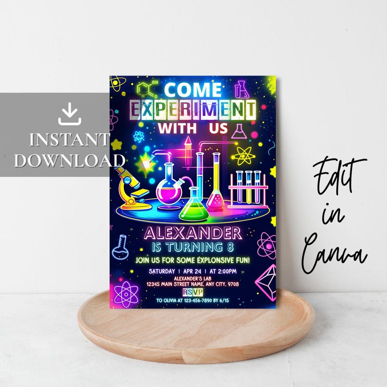 Neon Mad Science Birthday Invitation, Lab Experiment Party Invite ...
