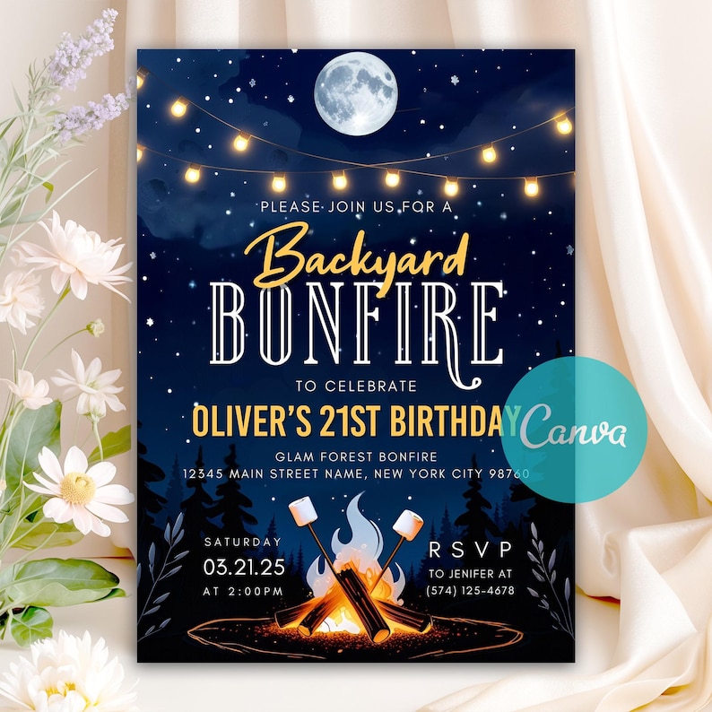Backyard Bonfire Birthday Invitation, S'mores Campfire (digital ...