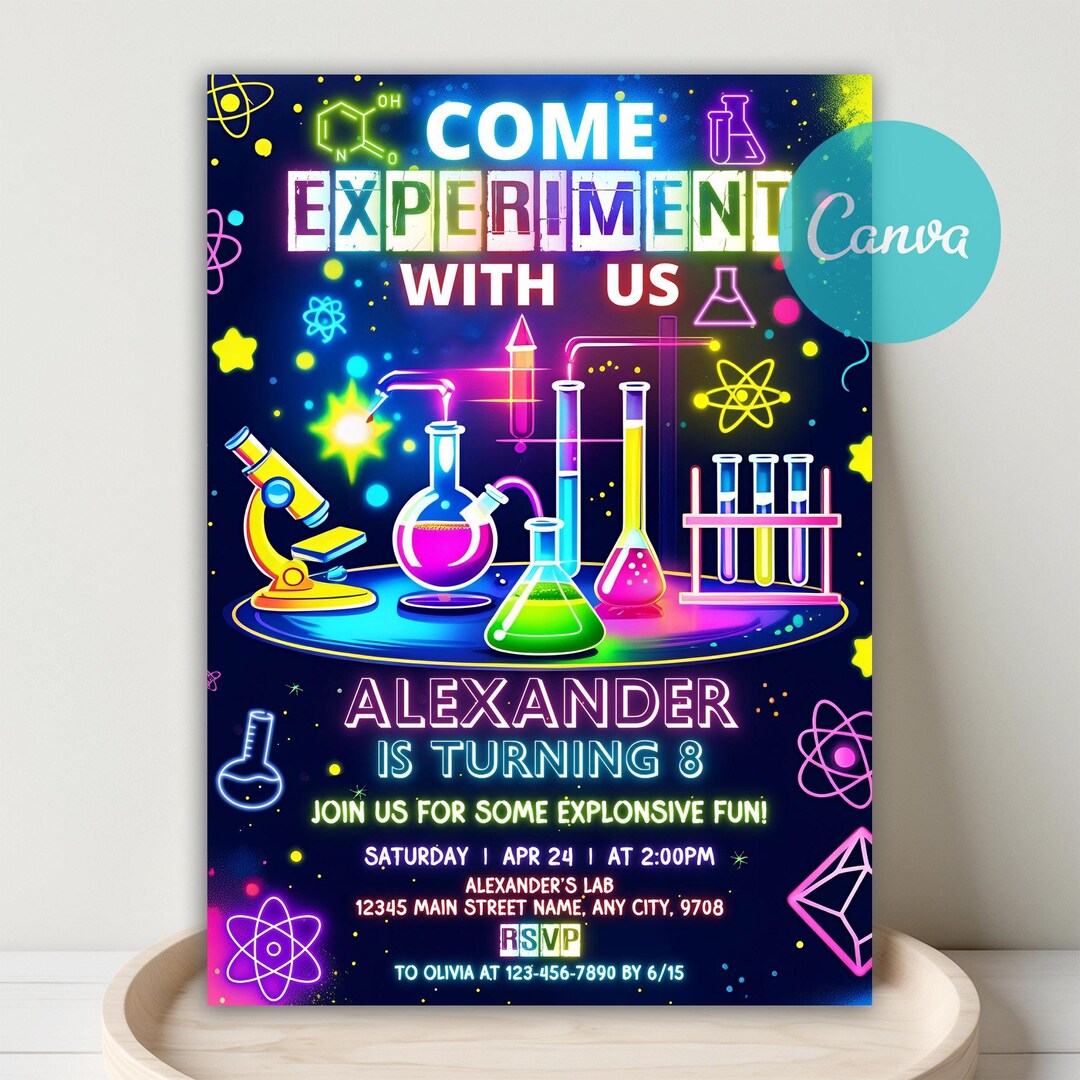 Neon Mad Science Birthday Invitation, Lab Experiment Party Invite ...