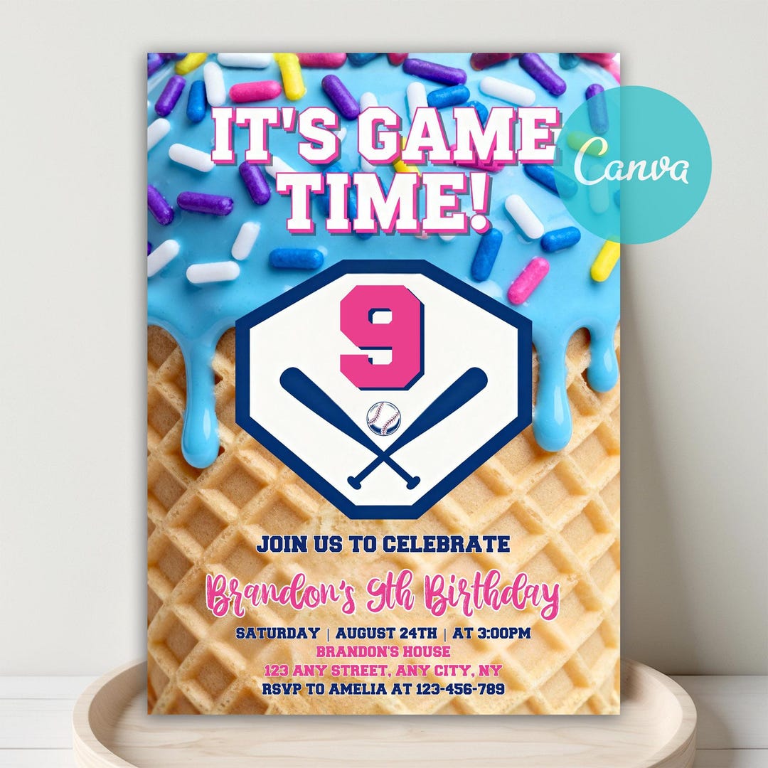 Baseball Ice Cream Drip Birthday Invitation, Baseball Drip Party Invite ...