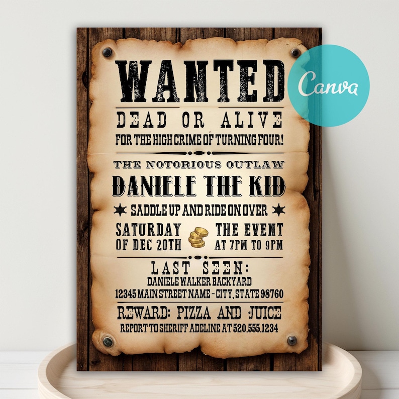 Editable Wanted Poster Birthday Invitation, Rustic Cowboy Party ...
