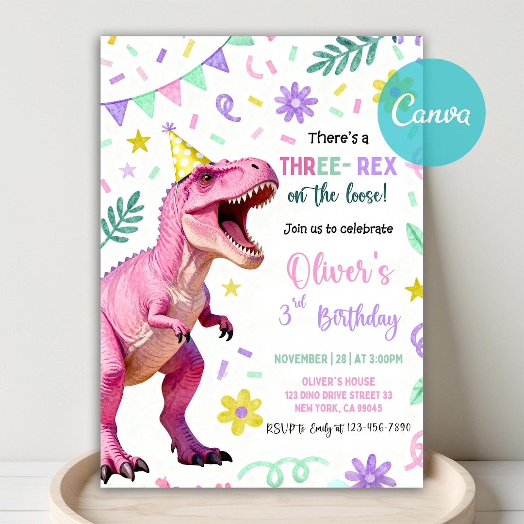 Girl Three Rex Party Invitation, Dinosaur Birthday Invitation, Pastel ...