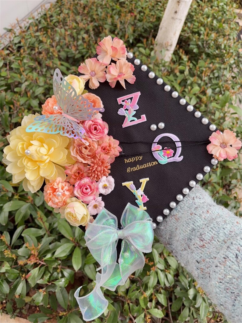 Unique Graduation Cap With Flowers Butterfly,personalized Customization ...
