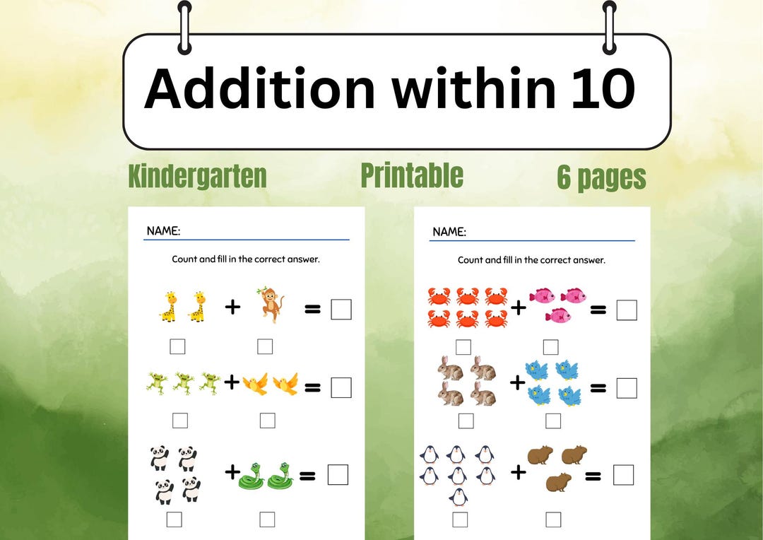 Addition Within 10 Worksheets - Etsy