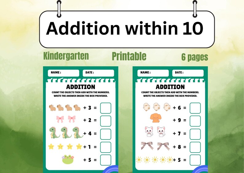 Addition Within 10 Worksheets - Etsy