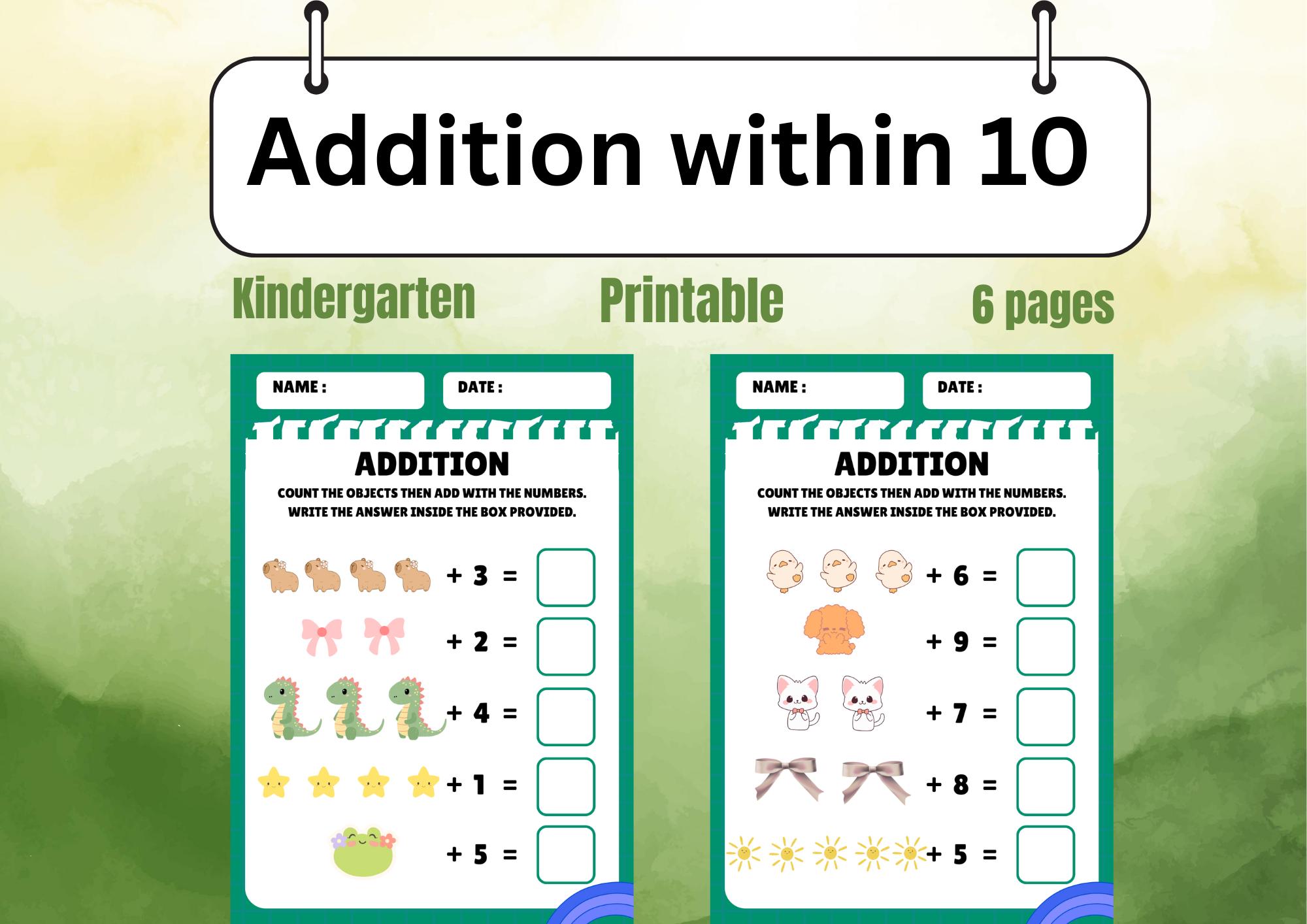 Addition Within 10 Worksheets - Etsy