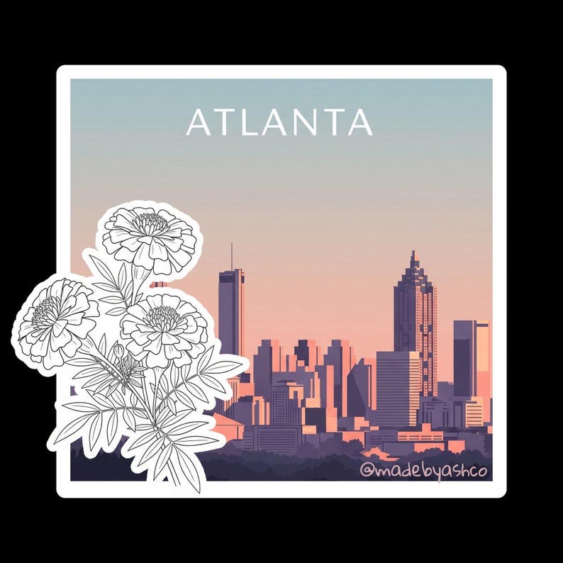 Atlanta Sticker - Marigold Flowers Skyline | Waterproof Vinyl Decal ...