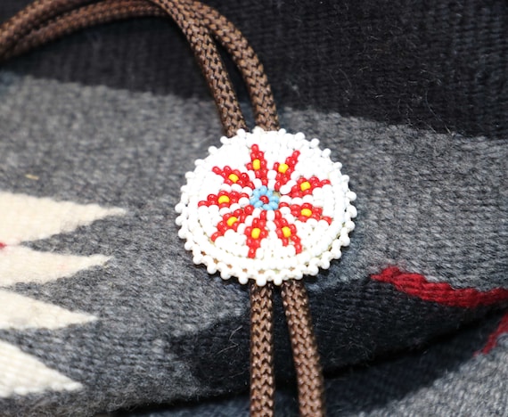 Bolo Tie, Native American, Beaded, Leather, Gold Tone… - Gem