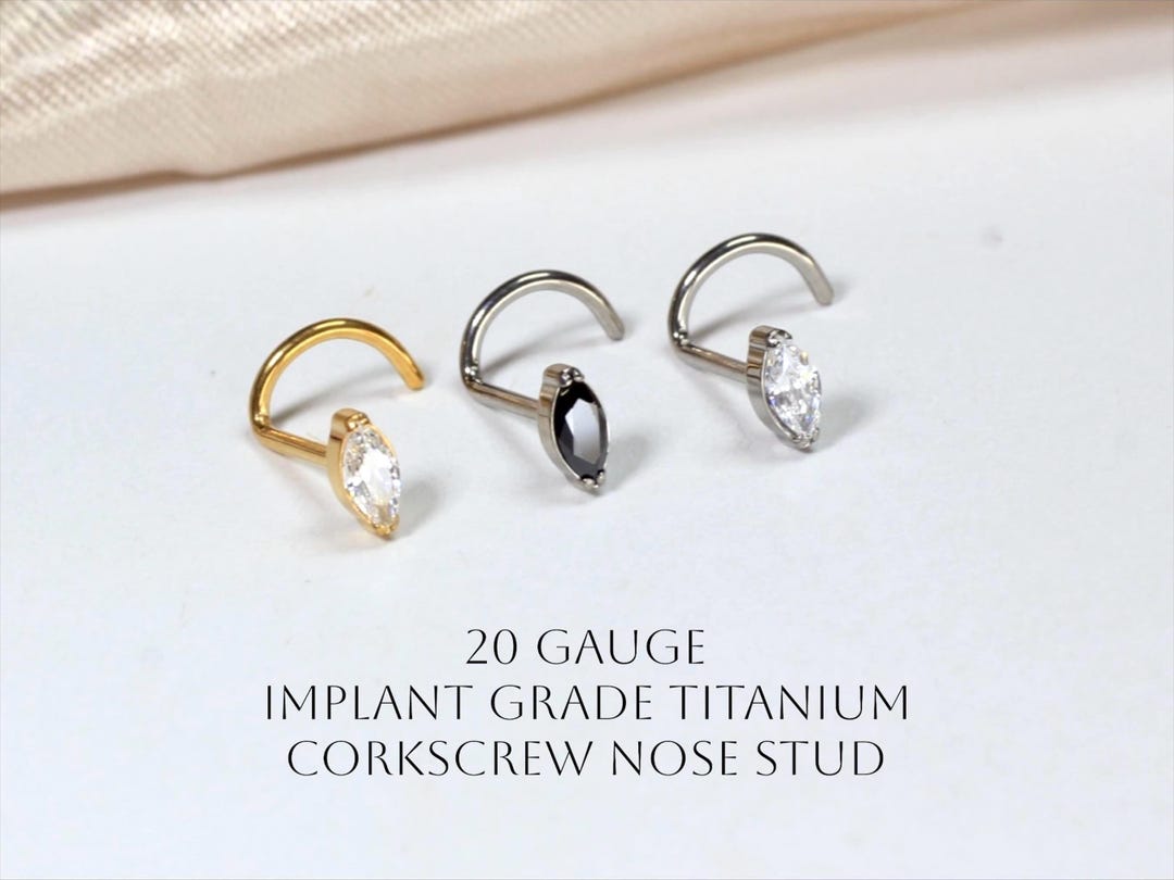 20g Titanium Corkscrew Nose Stud, Gold Marquise Gem S Shaped Nose ...