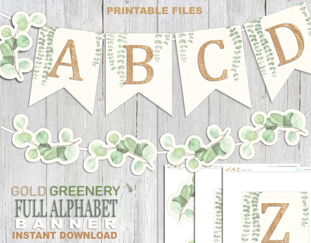 Greenery Full Alphabet Banner, Gold Green, Eucalyptus Banner, Greenery ...