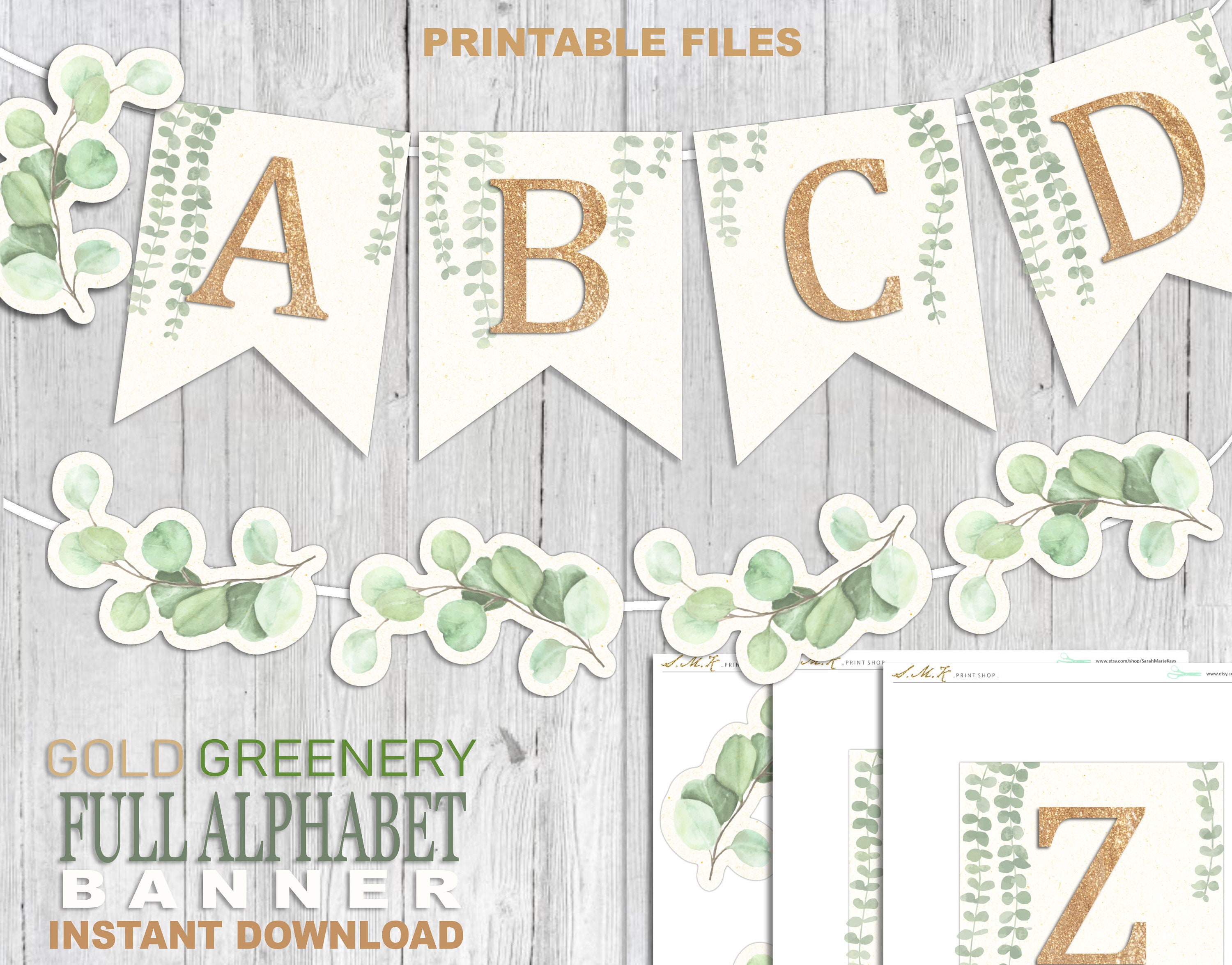 Greenery Full Alphabet Banner, Gold Green, Eucalyptus Banner, Greenery ...