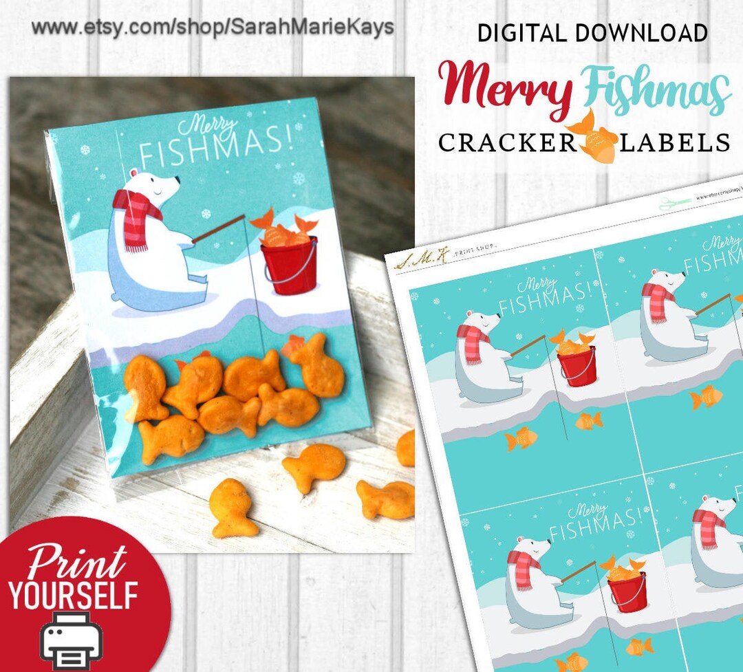 Fish Cracker Favor Bag Labels, Merry Fishmas Printable Christmas Favors ...