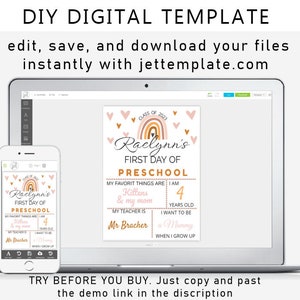 Boho Rainbow School Sign, Last Day School Girl Sign, Editable Printable ...