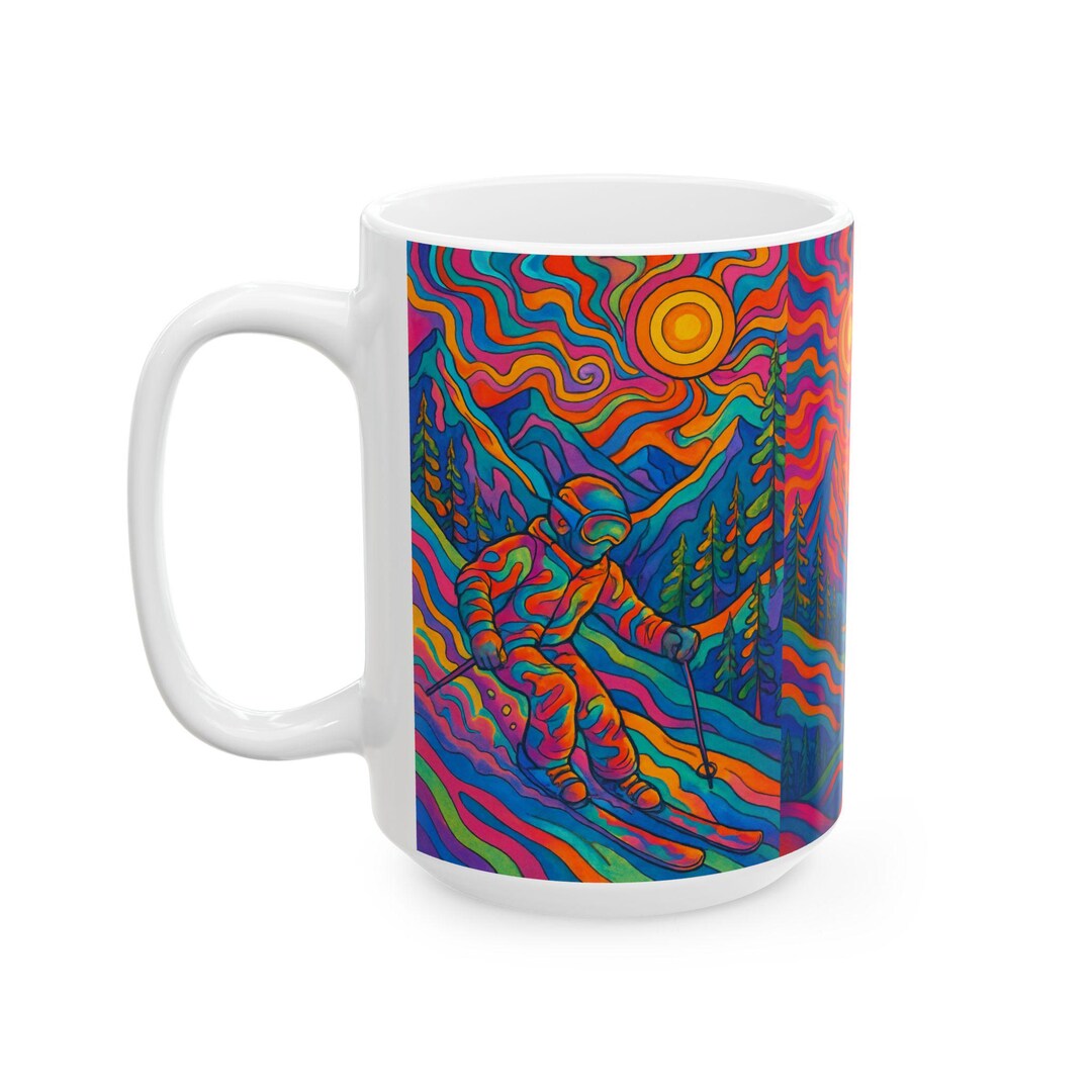 Psychedelic Ski Mug, Trippy Mountain Snow Scene Coffee Cup for Ski ...
