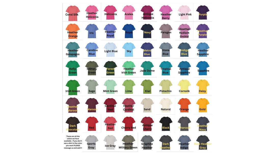 T-shirt Color Chart - Available Styles & Colors - Etsy