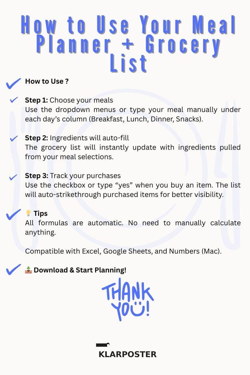 Weekly Meal Planner Excel Template: Editable Grocery List (PDF Guide ...
