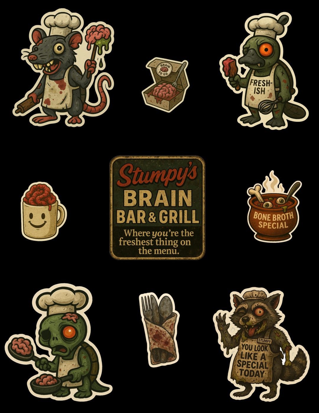 Stumpy’s Brain Bar & Grill – Creepy-cute Zombie Restaurant Sticker Pack ...