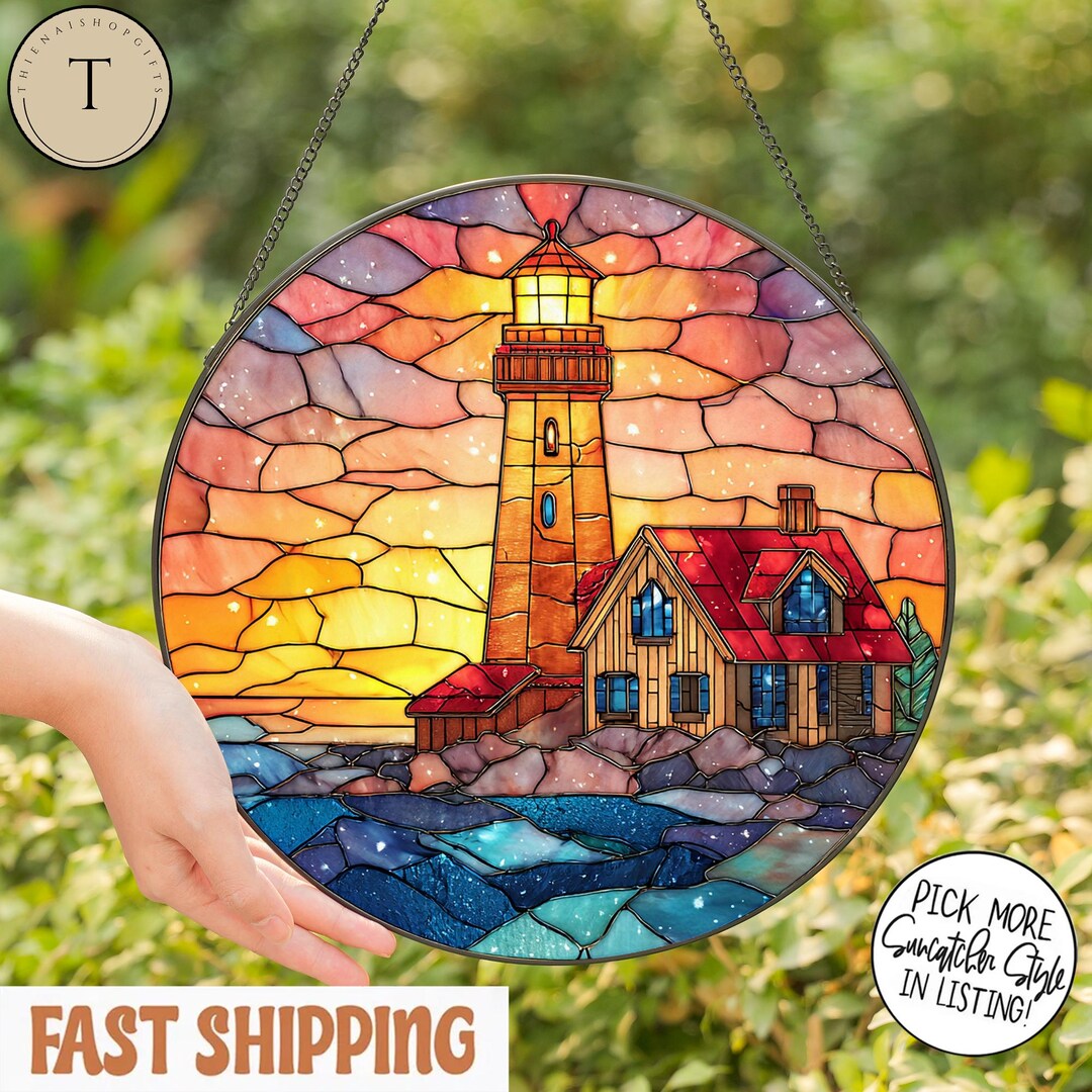 Stained Glass Lighthouse Suncatcher, Colorful Lighthouse Suncatcher ...