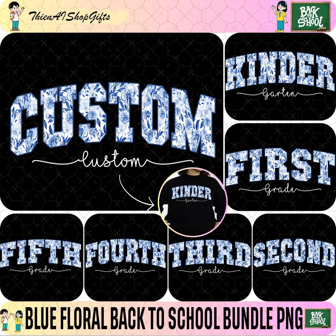Blue Floral Back to School Png Bundle, Preschool to Grade 5 Blue Toile ...
