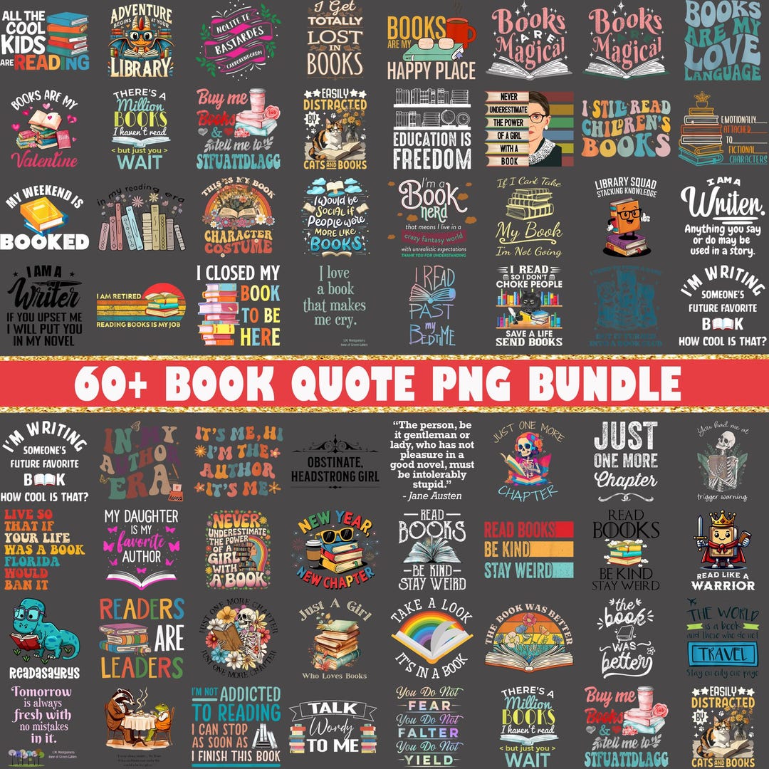 60+ Books Quotes Bundle Png, Librarian Png, Floral Books Png, Book ...
