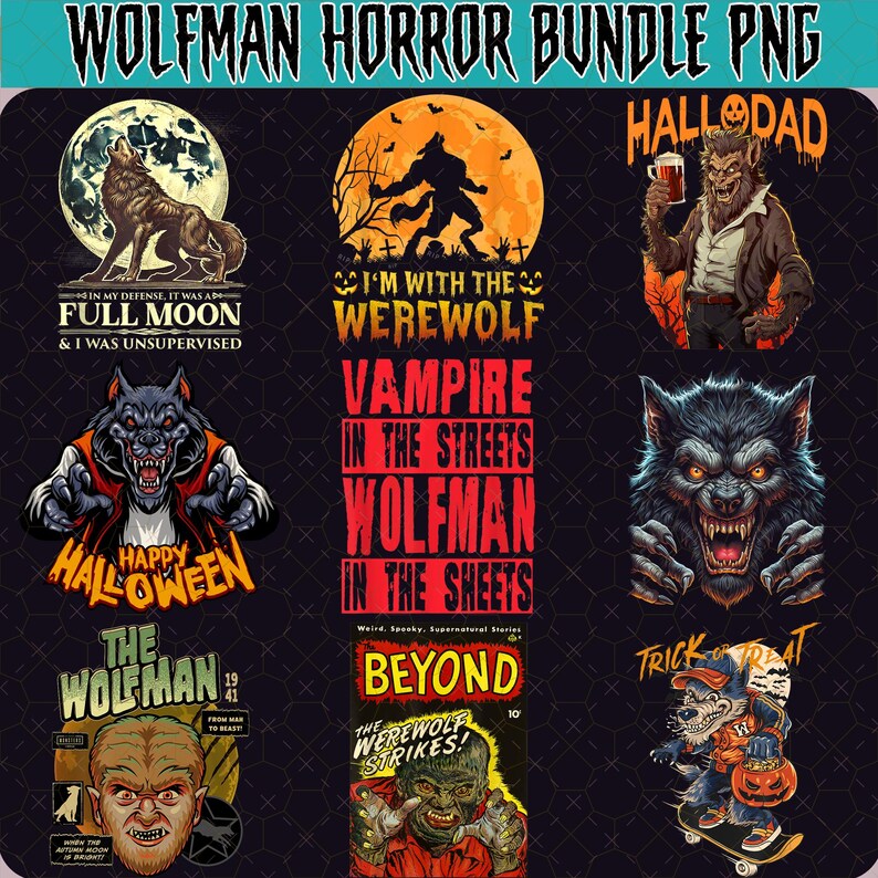 Retro Werewolf Png Bundle, Wolf Man Monster Png, Full Moon Wolf, Swamp ...