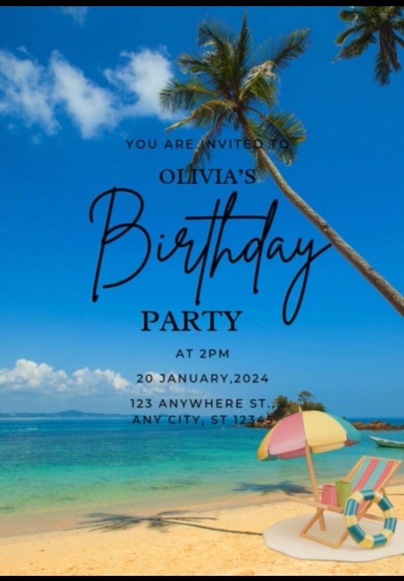 Beach Birthday Invitation Template | Editable Summer Party Invite ...