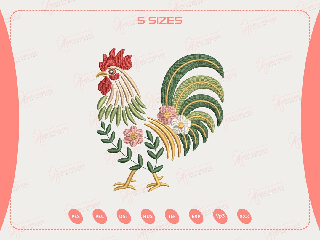 Floral Rooster Embroidery Design, Rustic Rooster, Country Farm Animal ...