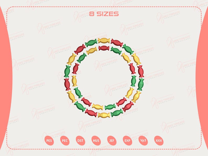 Candy Wreath Embroidery Design, Christmas Candy Circle Frame Embroidery ...