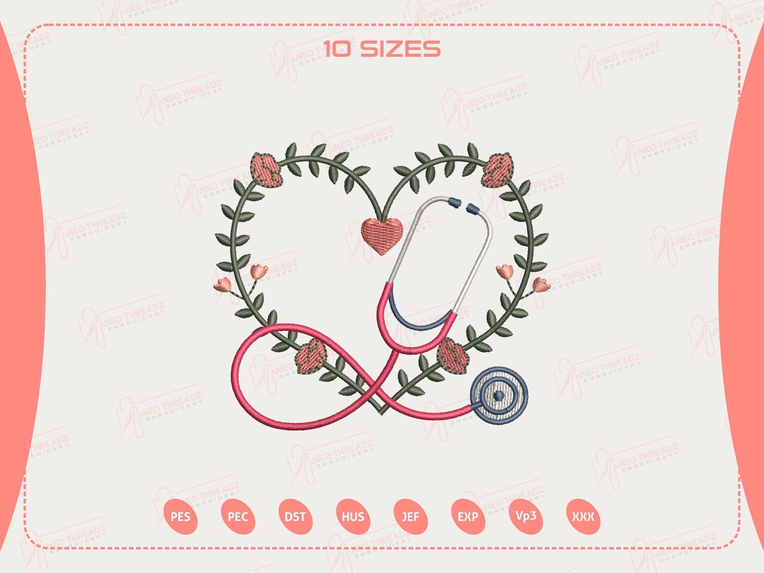 Floral Heart Stethoscope Embroidery Design, Botanical Medical File ...