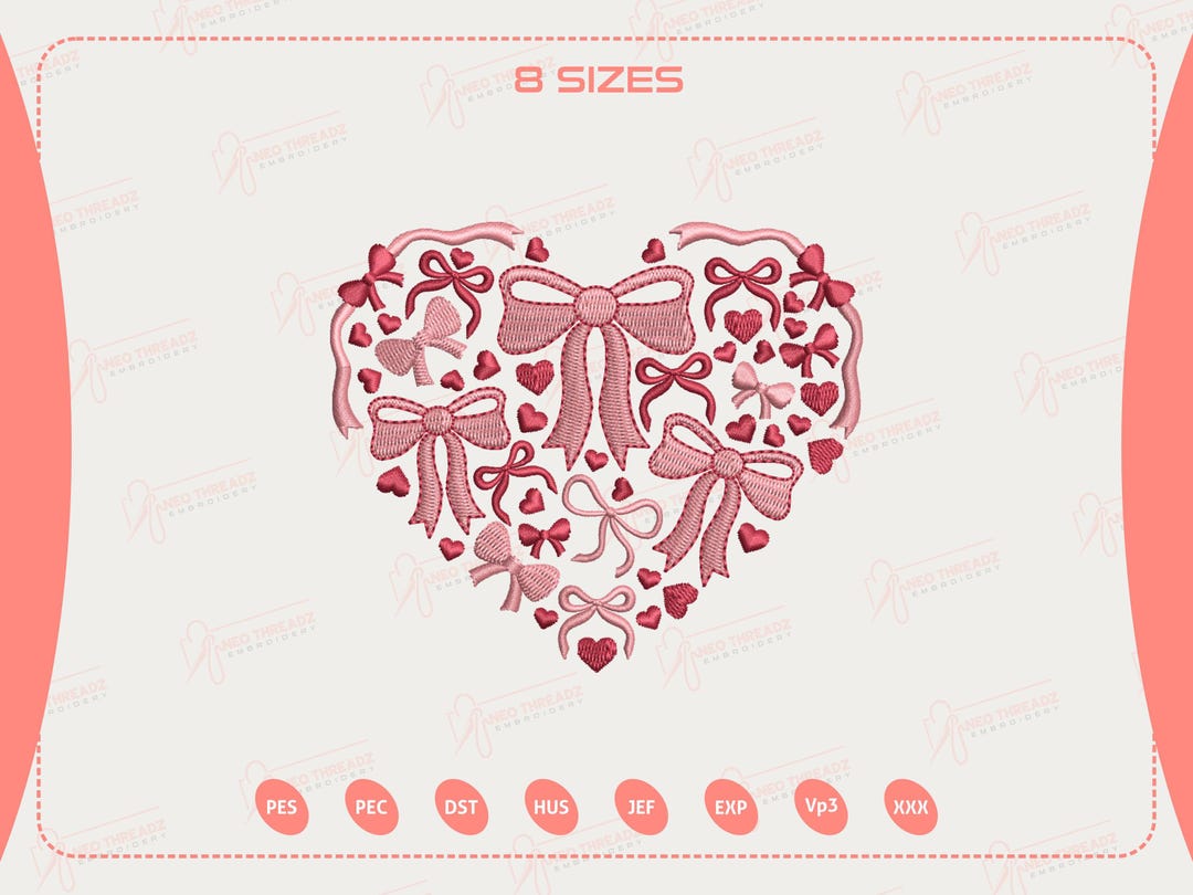 Valentine Heart Coquette Bow Embroidery Design, Bows and Hearts Pattern ...