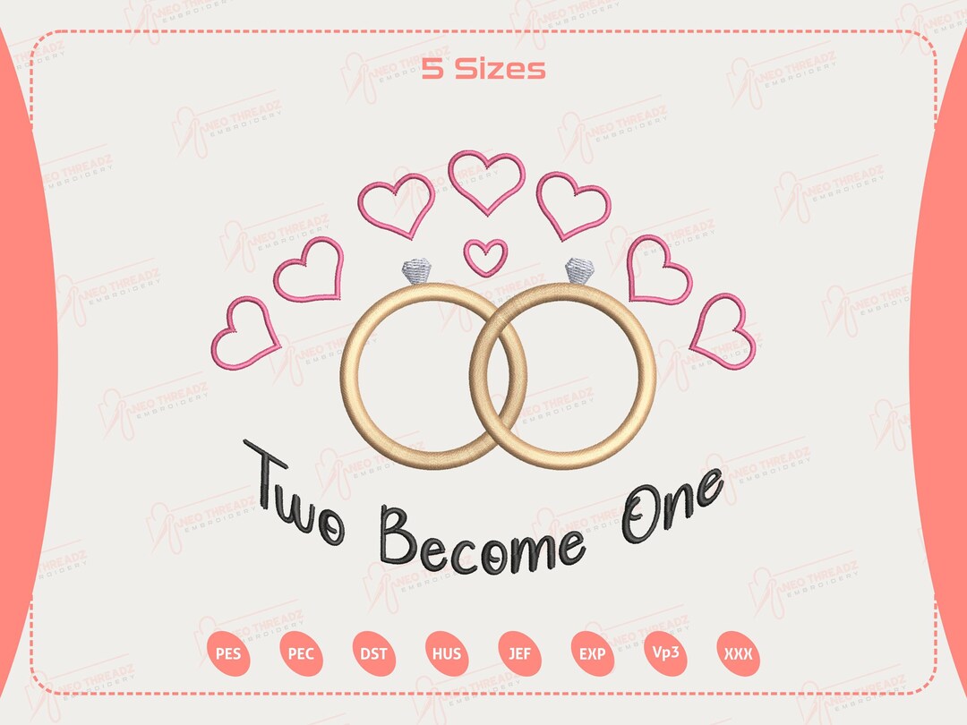 Two Become One Wedding Embroidery Design, Heart & Rings Outline Stitch ...