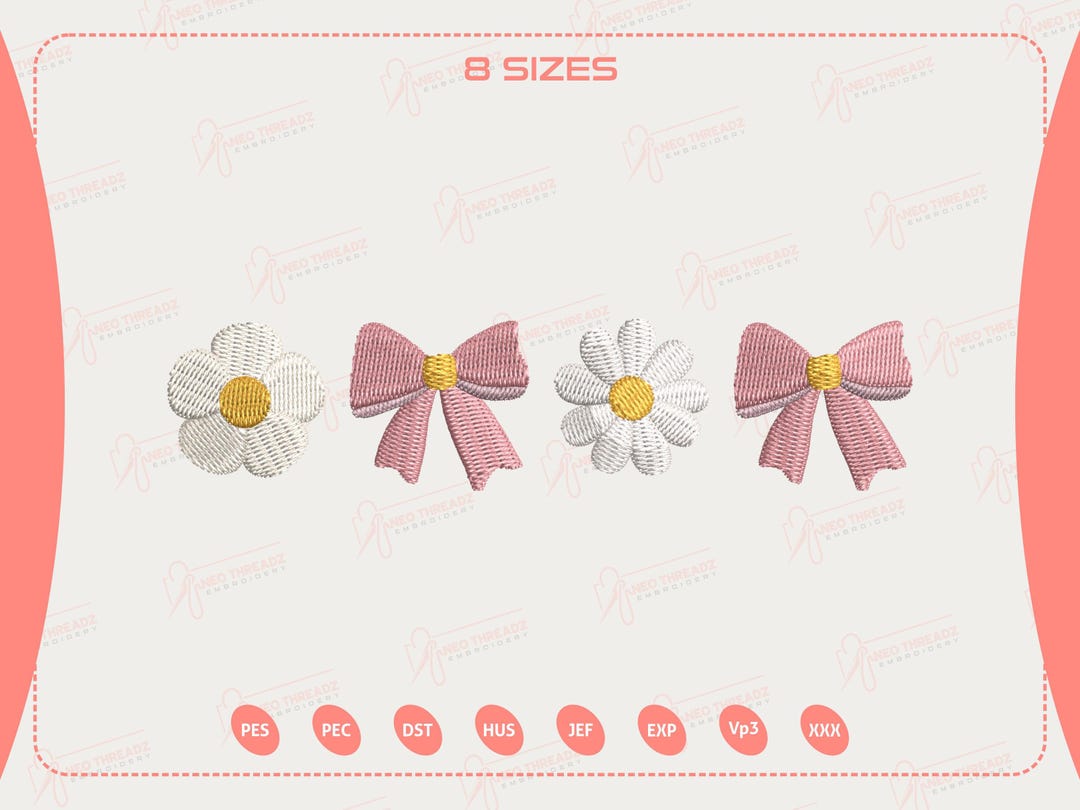 Coquette Daisy Bow Embroidery Design, Cute Floral Machine Embroidery ...