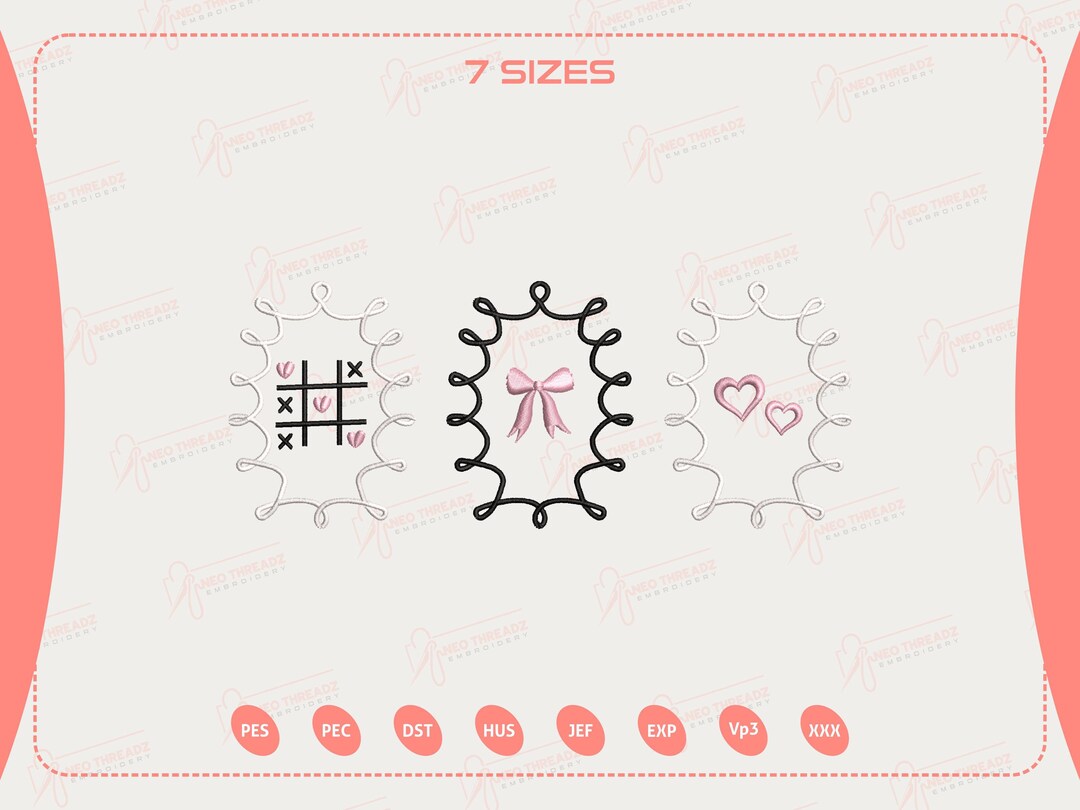 Valentines Day Frame Embroidery Design, Stamps Style Trio Frames, Bow ...