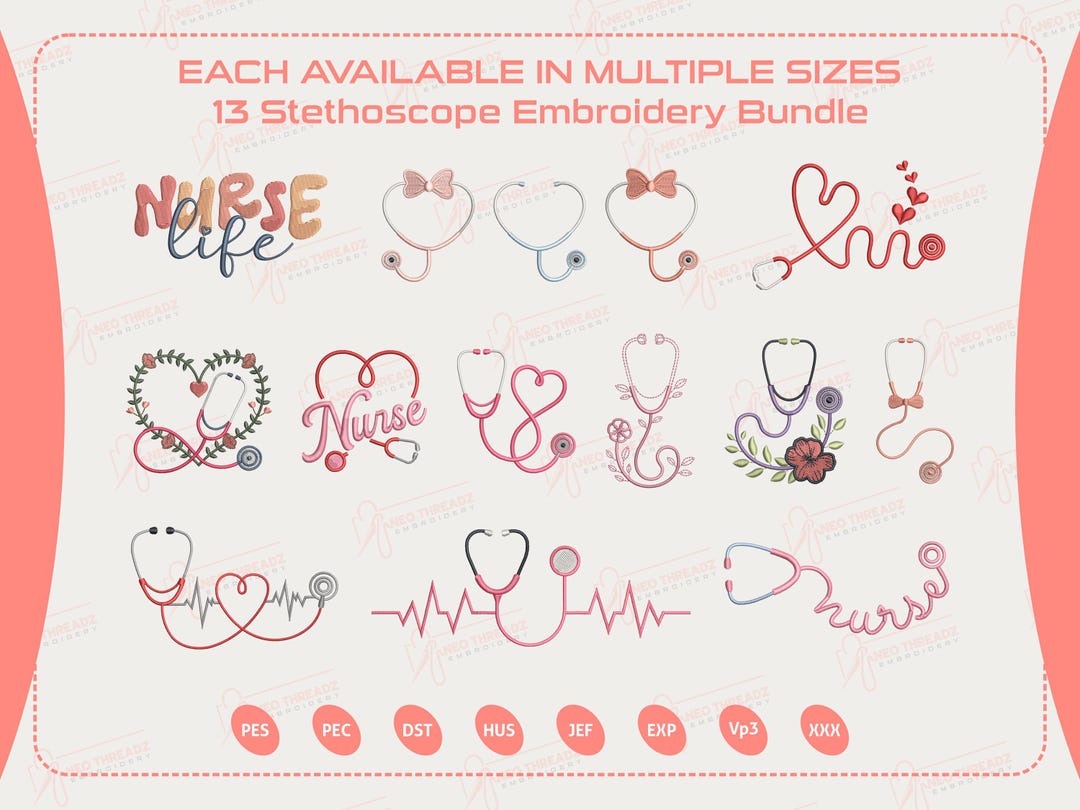 Nurse Stethoscope Bundle Embroidery Design, Floral Bow Coquette ...