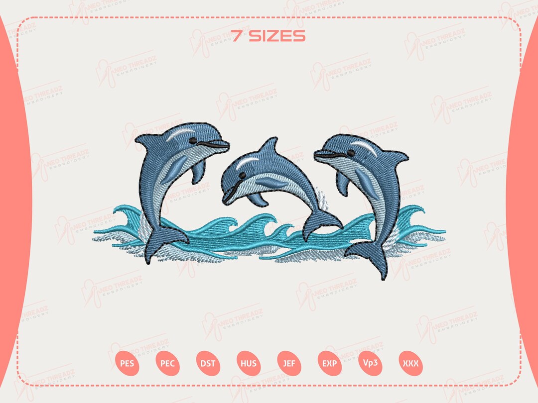 Dolphin Embroidery Design, Playful Dolphins Embroidery Pattern, Ocean Animal, Sea Life, Beach ...