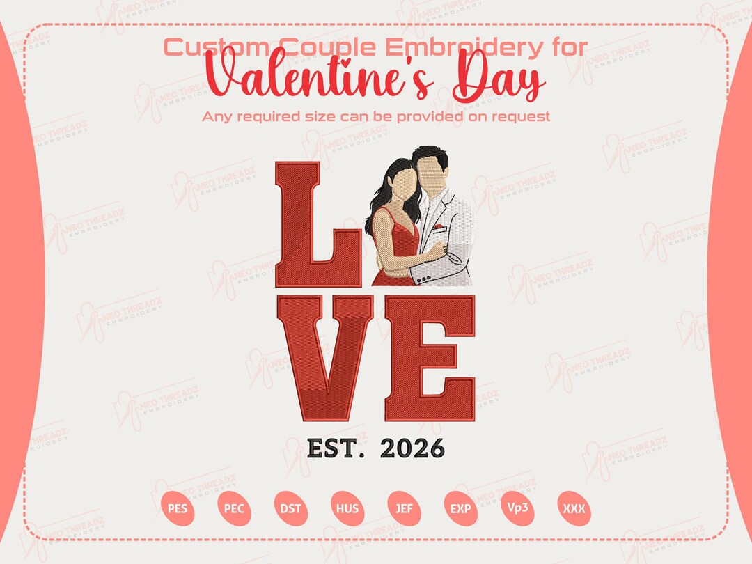 Custom Couple Portrait Embroidery Design, Love Valentines Sketch for ...