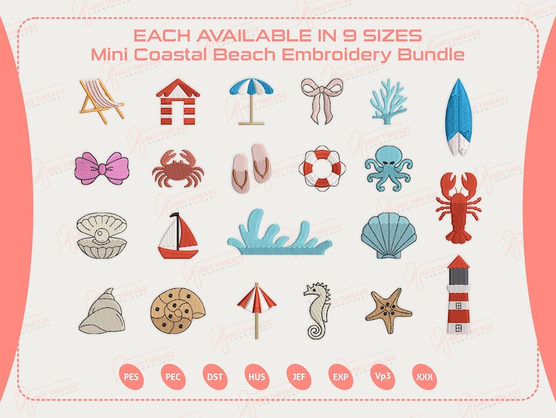 Tiny Coastal Embroidery Design Bundle, 22 Small Elements, Beach Hut ...