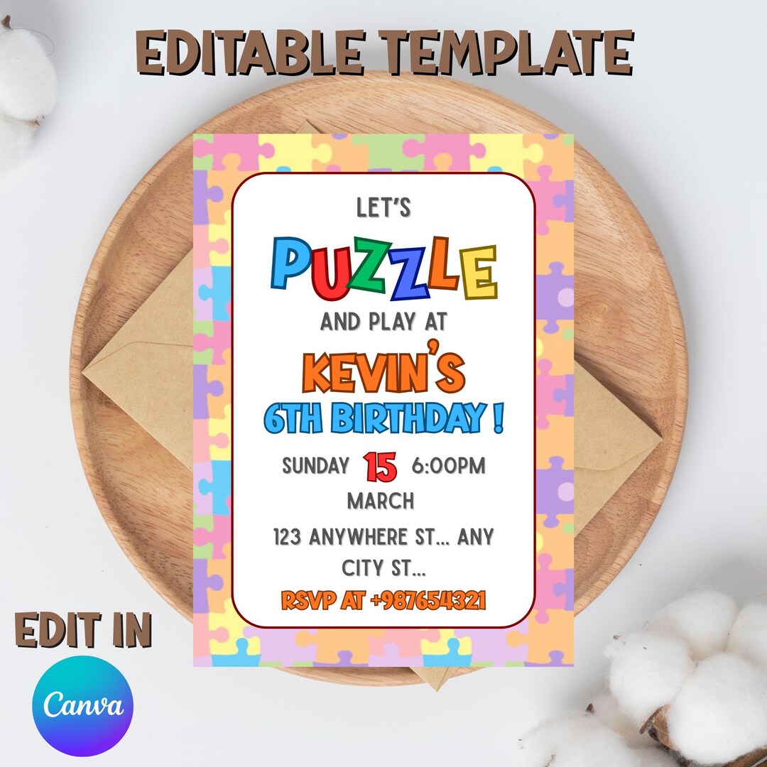 Puzzle Birthday Party Invitation Template, Editable Canva Design (5x7 ...