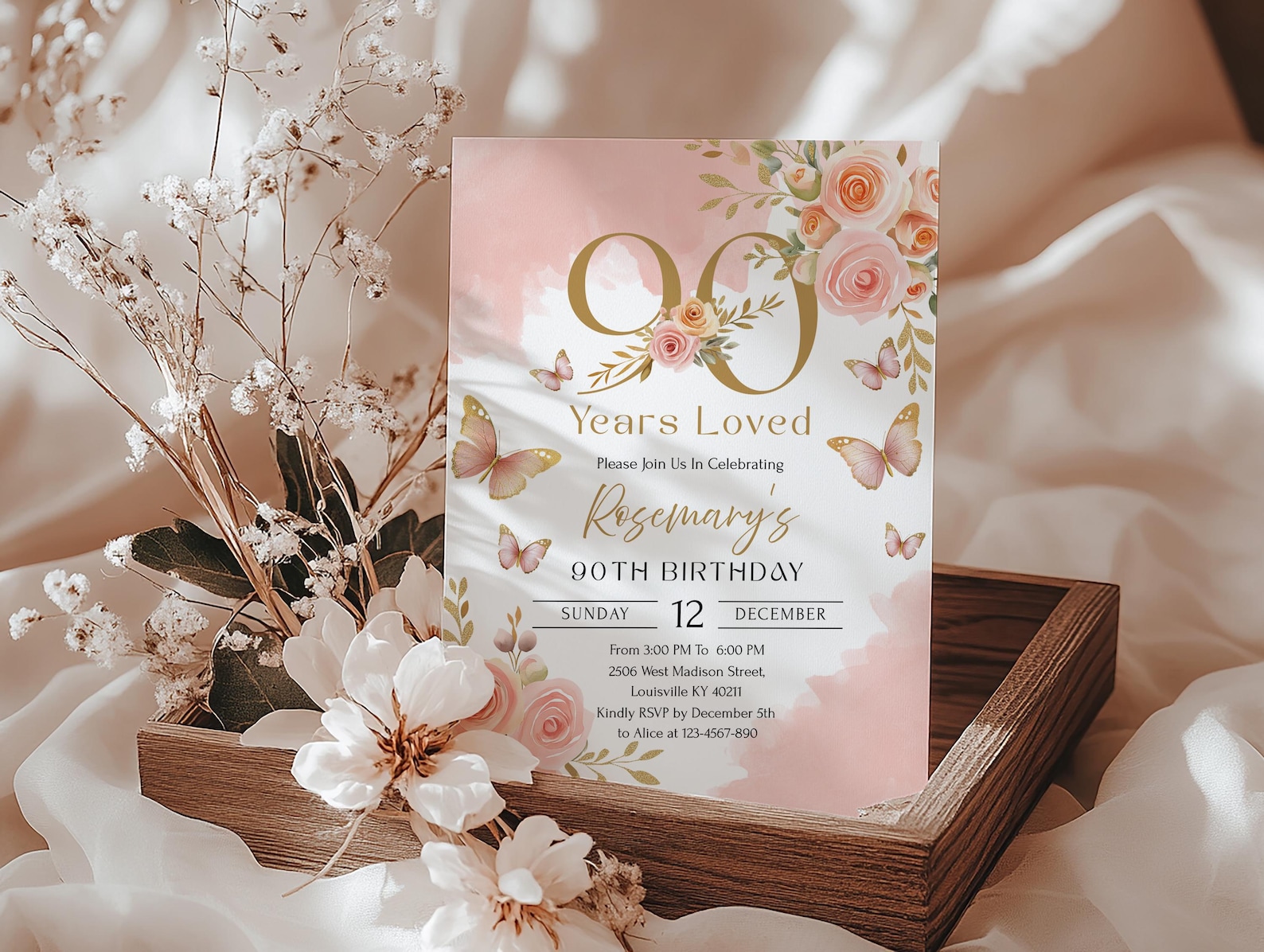Pink Roses 90th Birthday Invitation: Butterfly Theme (digital Download ...