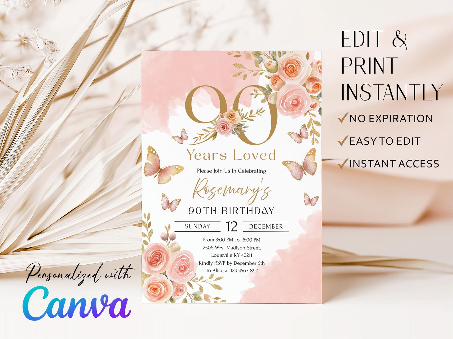 Pink Roses 90th Birthday Invitation: Butterfly Theme (digital Download ...