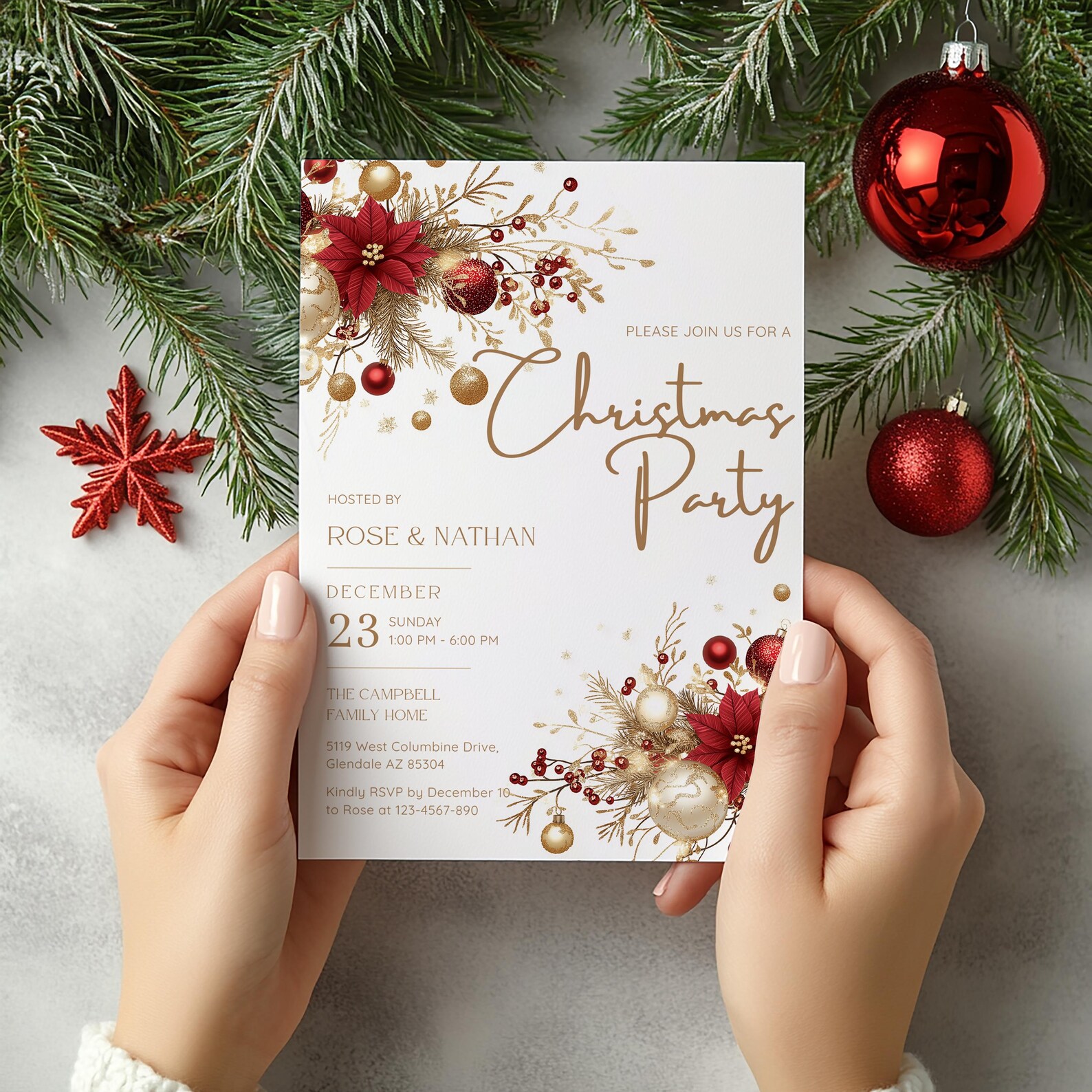Red and Gold Christmas Party Invitation Elegant Digital Invite Holiday ...