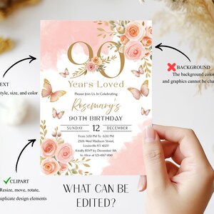 Pink Roses 90 Years Loved, Butterfly 90th Birthday Invitation, 90th ...