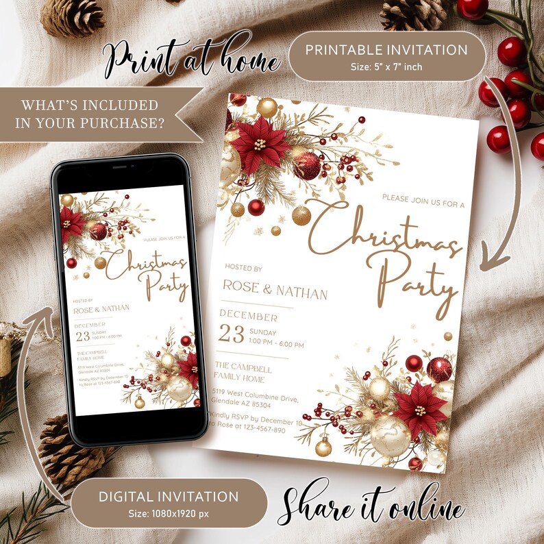 Red and Gold Christmas Party Invitation Elegant Digital Invite Holiday ...