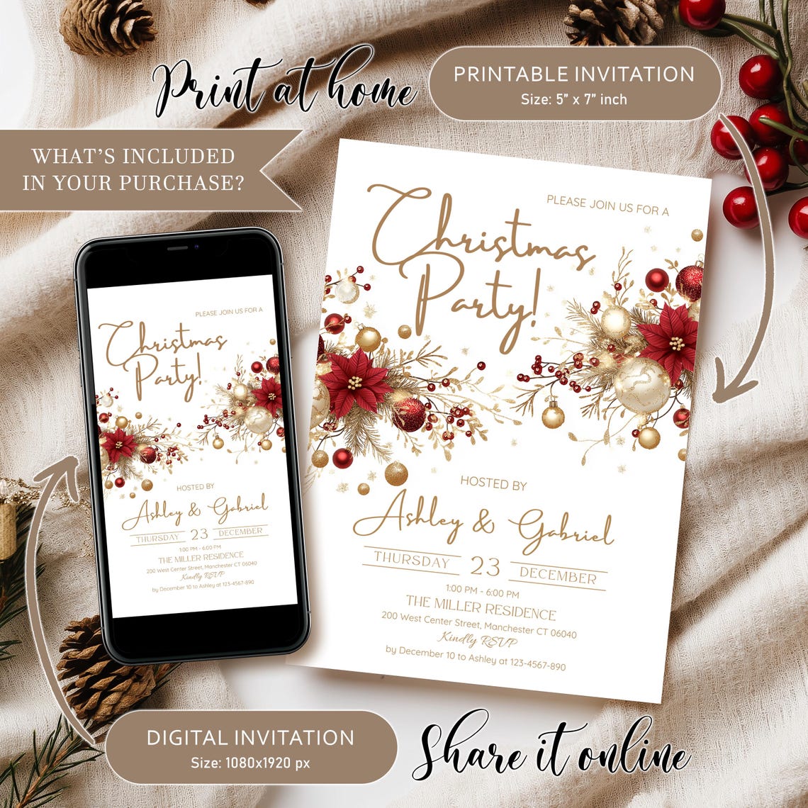 Red and Gold Christmas Party Invitation Elegant Digital Invite Holiday ...