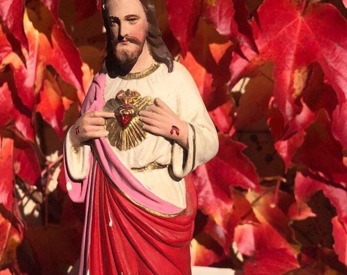 Antique French Statue Sacre Coeur Jesus Christ Sacred Heart Painted ...